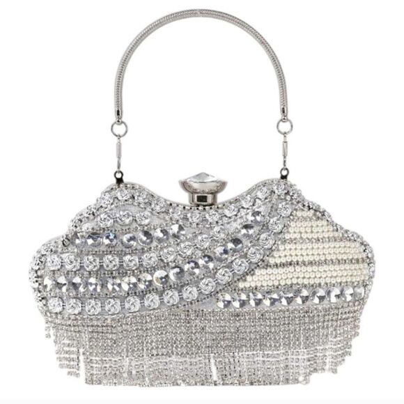 Bags | Sale Elegant Silvercrystal Clutch Evening Handbag Purse Metallic ...